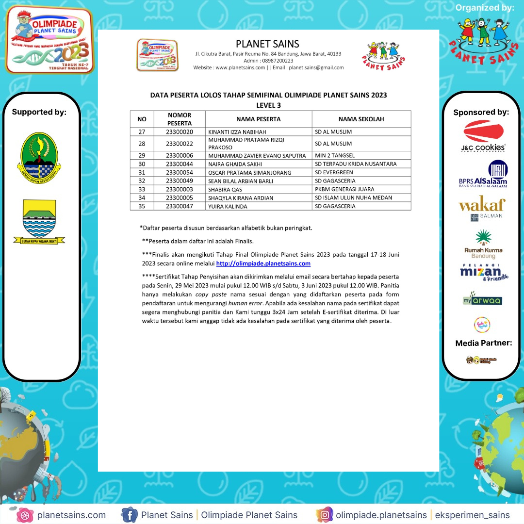 PENGUMUMAN HASIL TAHAP SEMIFINAL OLIMPIADE PLANET SAINS 2023 | PLANET SAINS